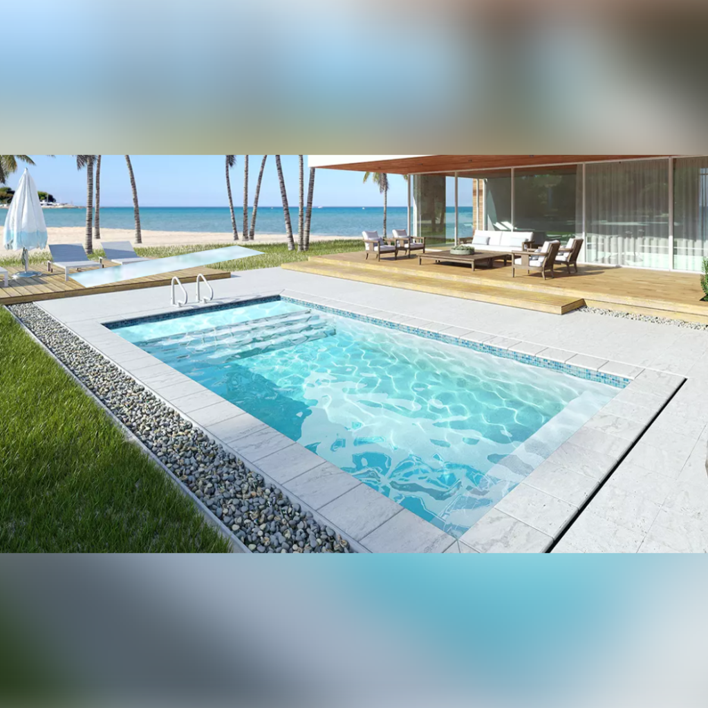 Piscina COMPLETA Playa húmeda y Banco 7,80×3,40×1,55 – Piscinas Agui